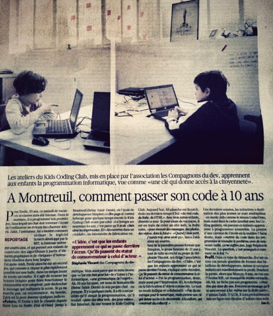 Le kids coding club en une de libération ! | Codev - Les Compagnons du Dev